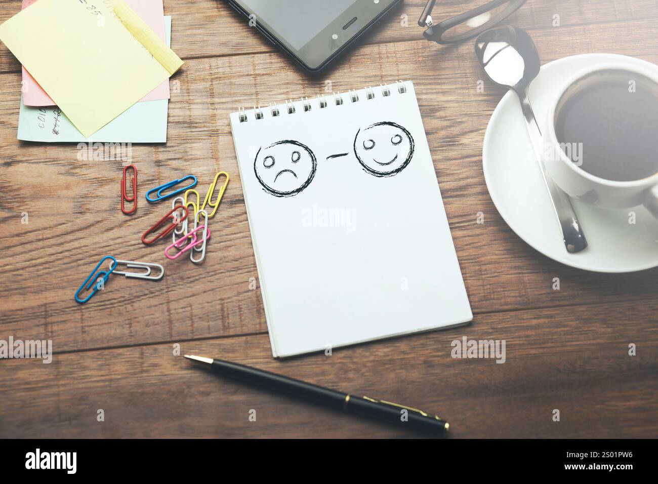 smileys on the notebook on working table Stock Photo - Alamy
