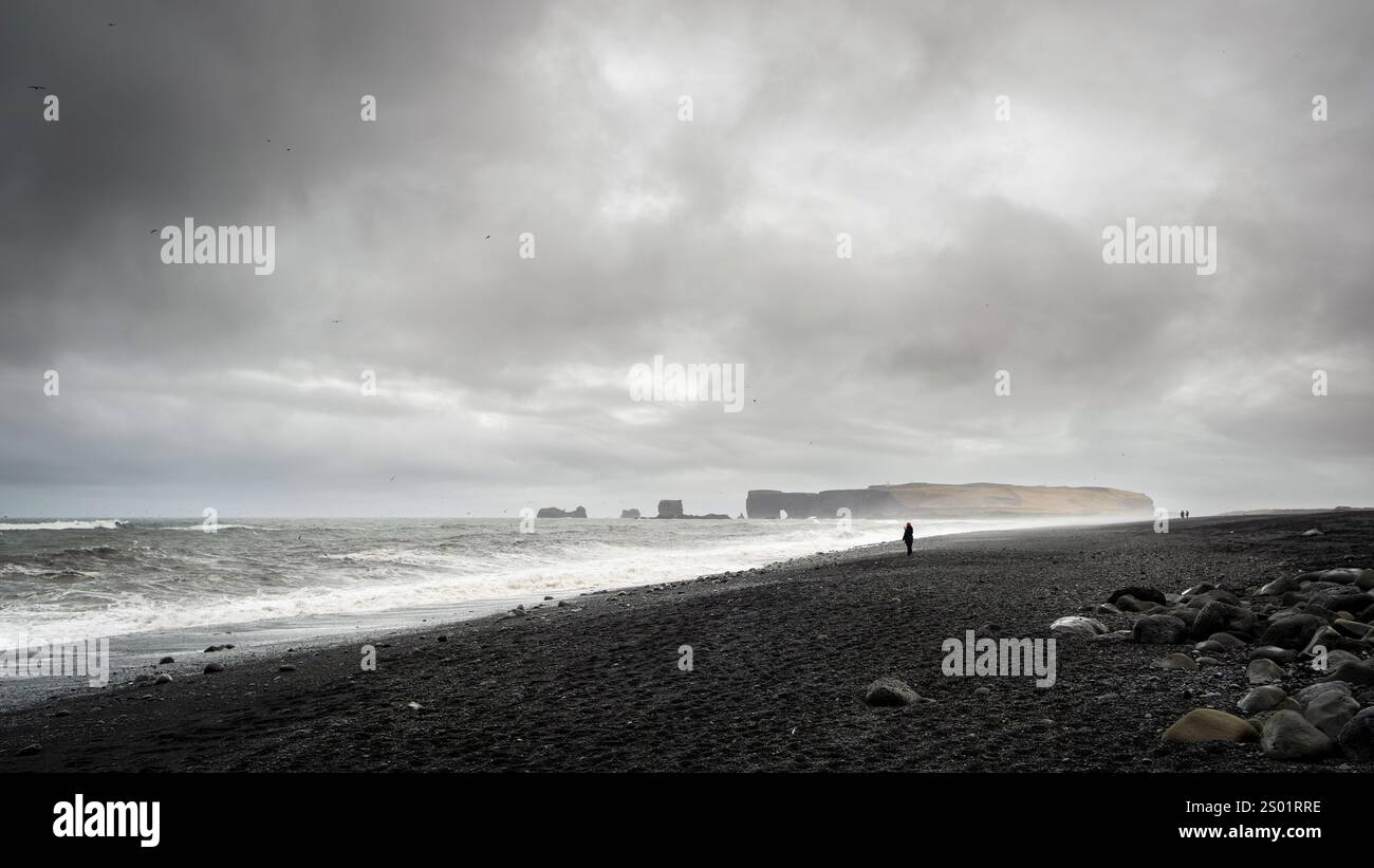 Dramatic landscape showing a tourist walking on the black sand beach of ...