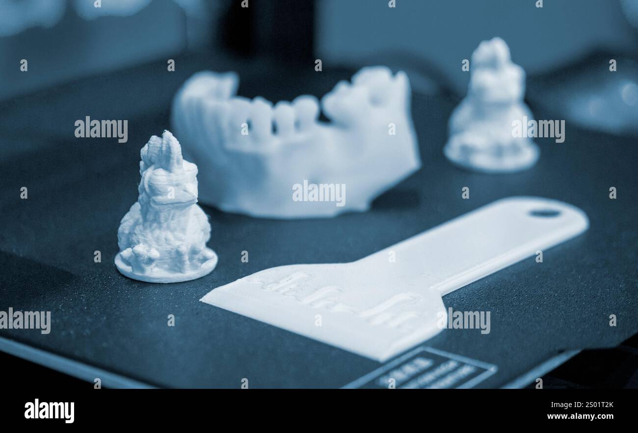 Different art objects printed on 3D printer from white melted plastic ...