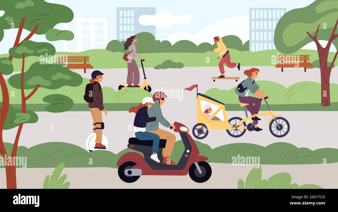 People on electric transport in city. Citizens travel by eco vehicles ...