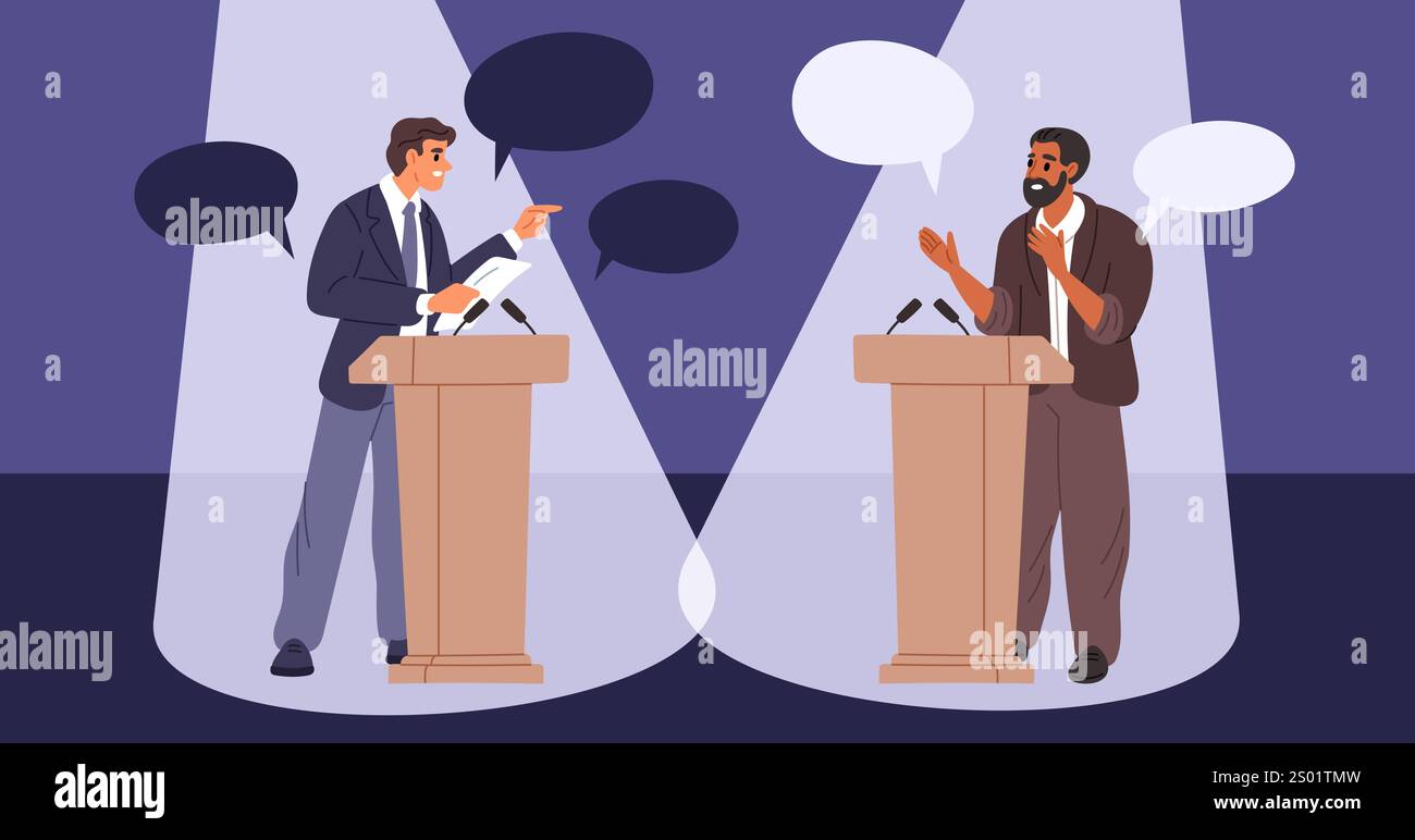 Political opponents arguing. Presidential candidates debating on stage ...