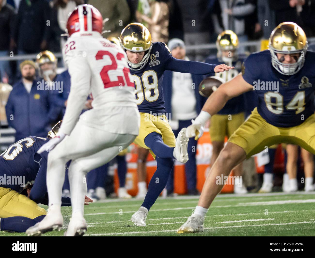 SOUTH BEND, IN - DECEMBER 20: Notre Dame Fighting Irish kicker Mitch Jeter (98) kicks a field ...