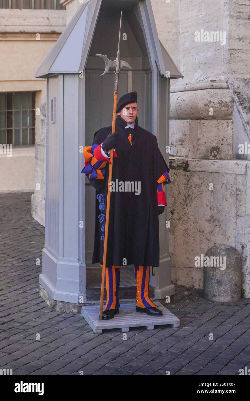 A Pontifical Swiss guard armed with a halberd standing outside St Peter ...