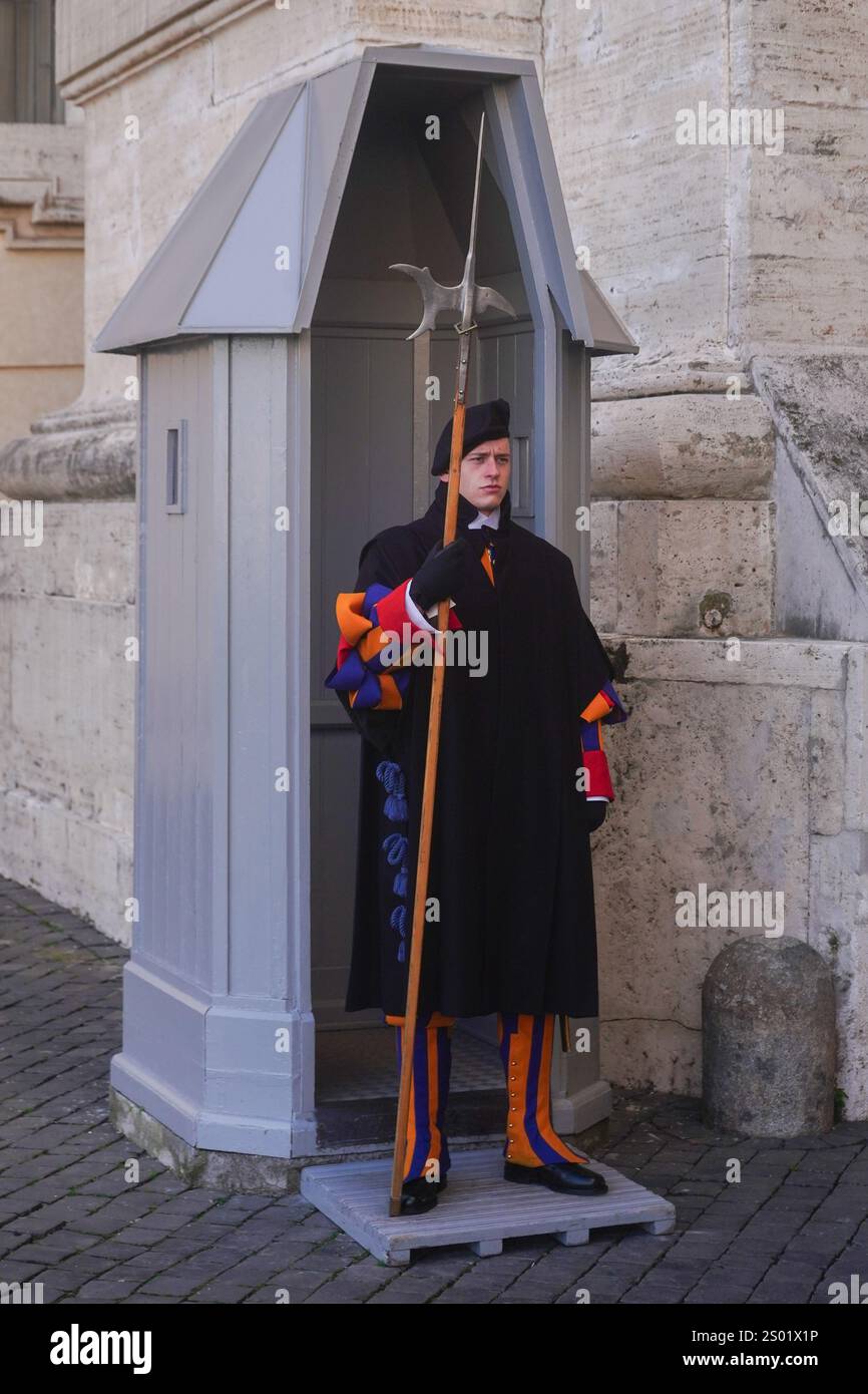 A Pontifical Swiss guard armed with a halberd standing outside St Peter ...