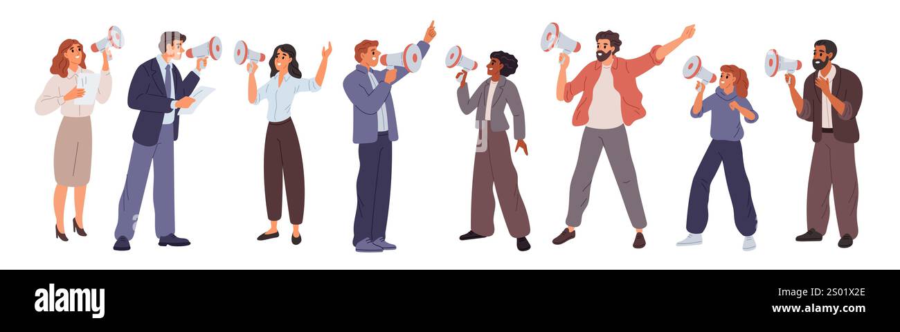 People shouting into loudspeakers. Characters with megaphones. Cartoon ...