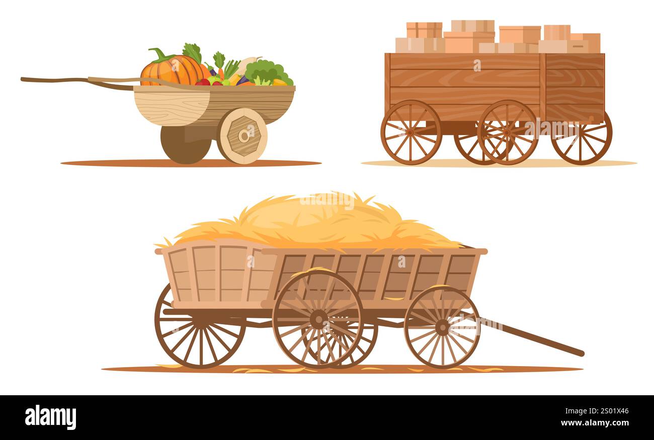 Wooden wagons with products. Retro cargo transportation. Farm loaded ...