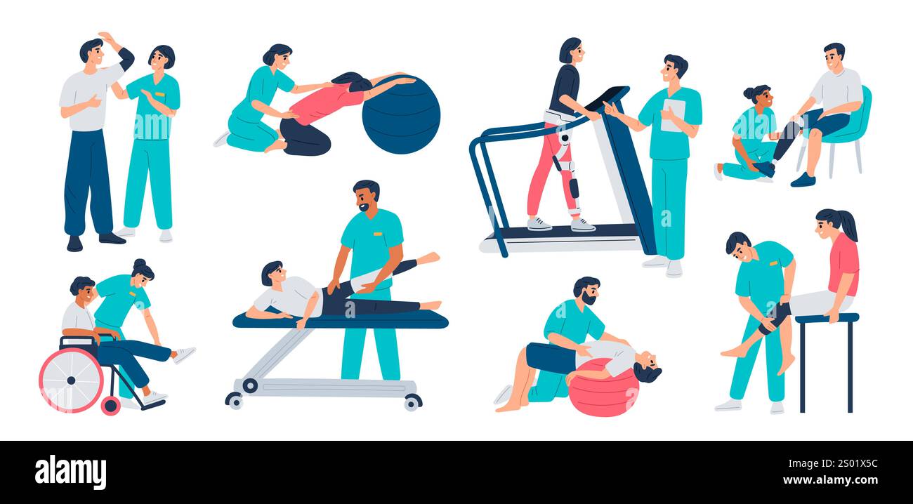 Patients rehabilitation. People restore mobility of joints. Limbs and ...