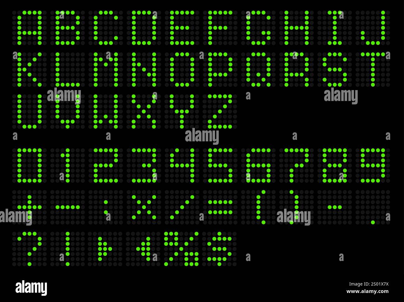 Led display green font. Dot digital alphabet. Electronic letters and ...
