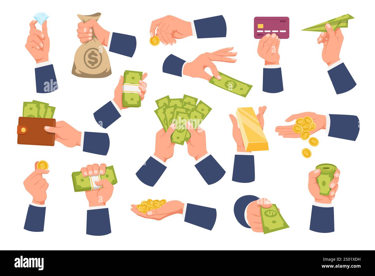 Hands with money cash. Arms hold golden coins. Currency banknotes and ...