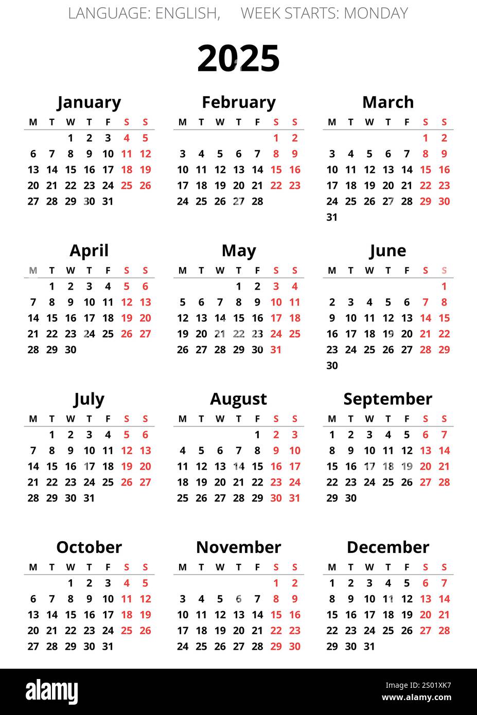2025 year english calendar with 12 months. Illustration. Week starts ...