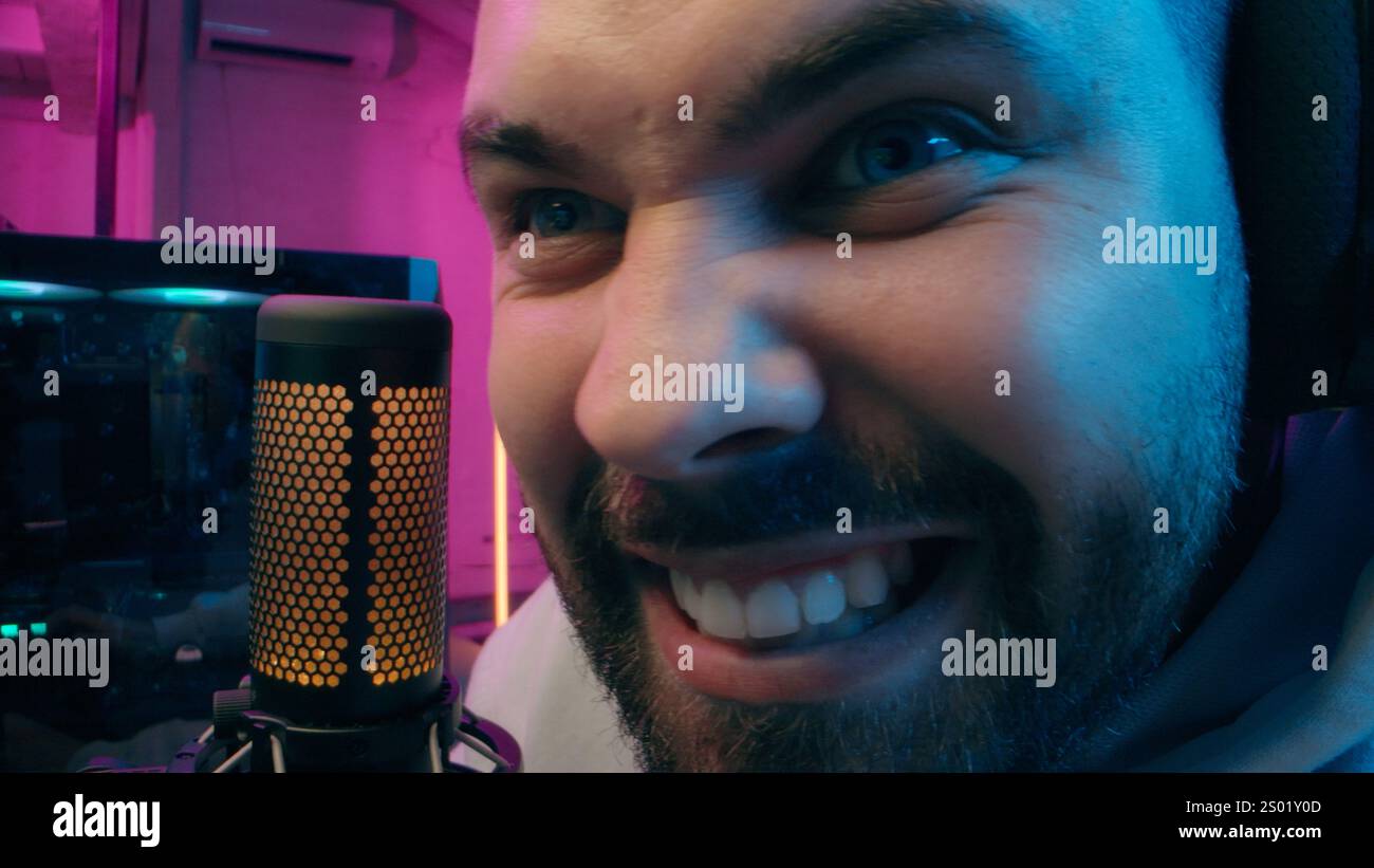 Astonished shocked Caucasian vlogger guy male laugh blogger influencer ...