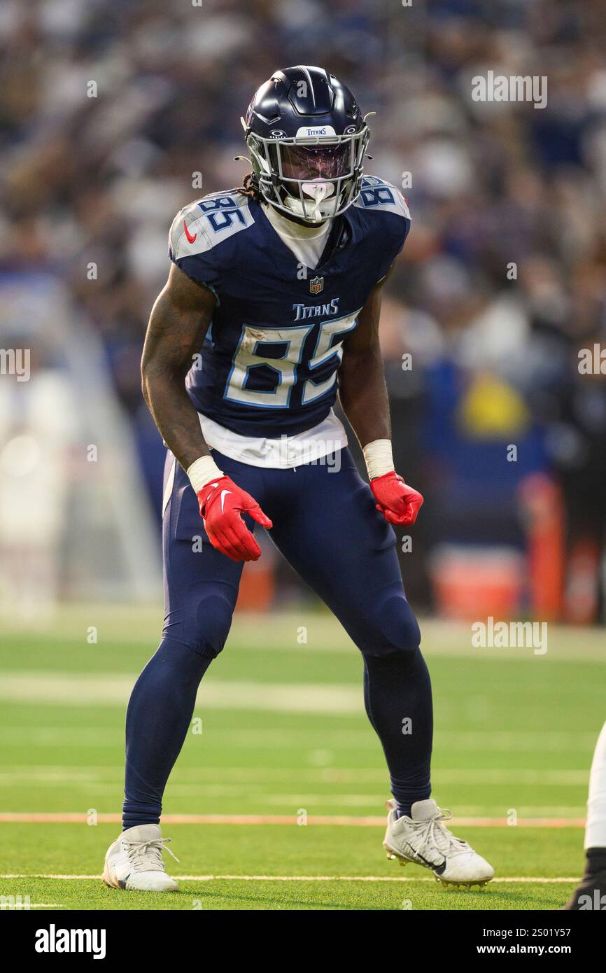 Tennessee Titans tight end Chig Okonkwo (85) lines up before the snap ...