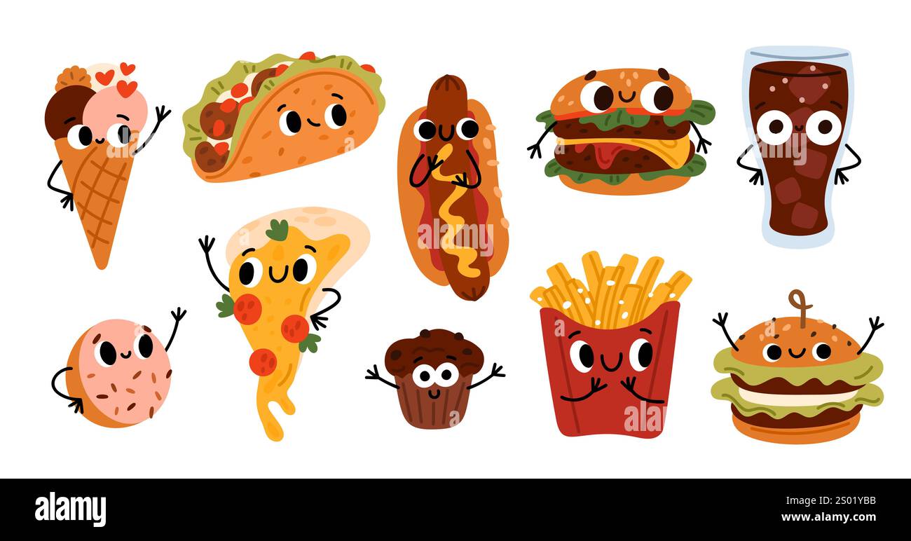 Fast food funny characters. Cartoon cute street meal with smiling faces ...