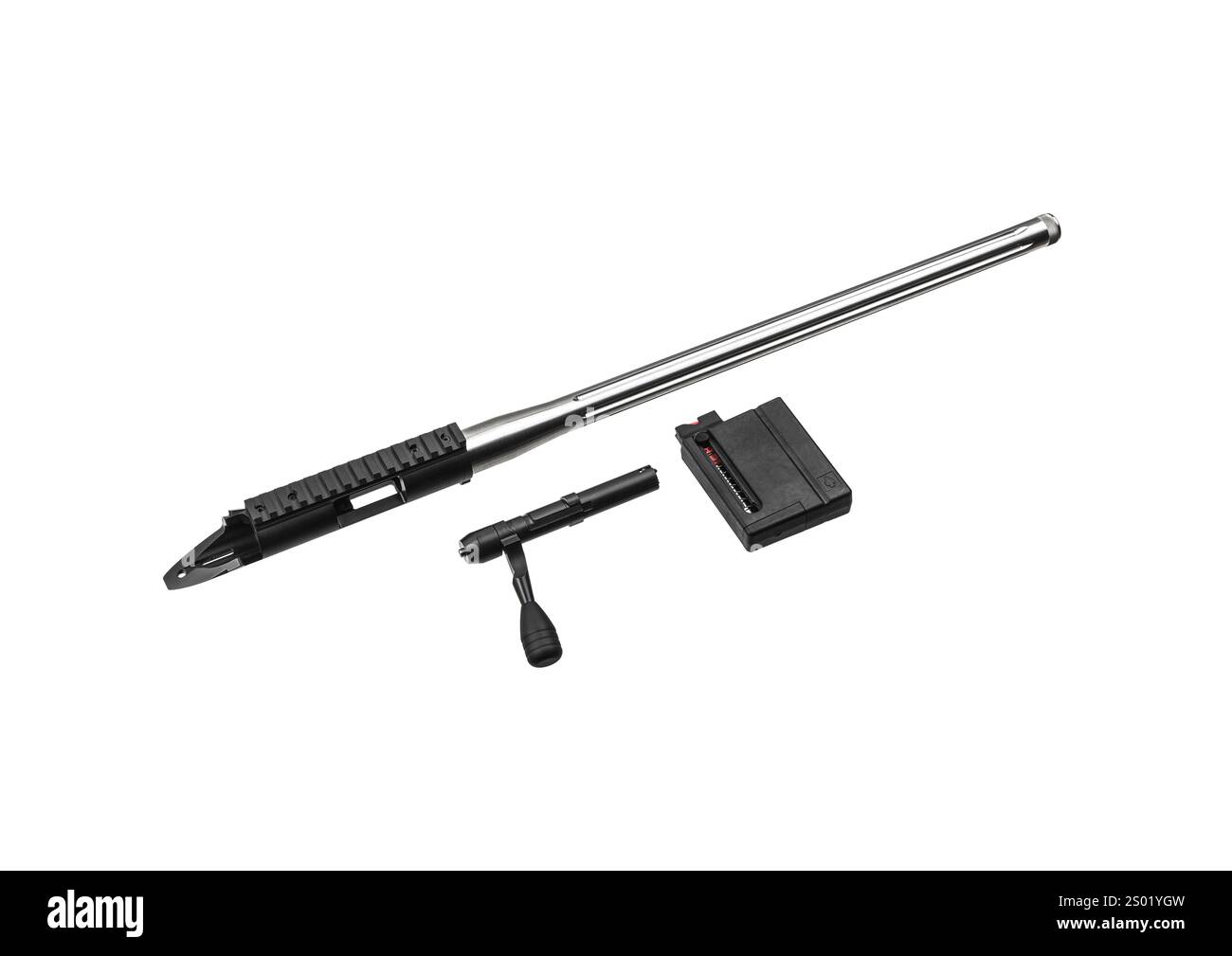 Disassembled rifle bolt-action assembly, including a barrel, bolt, and ...