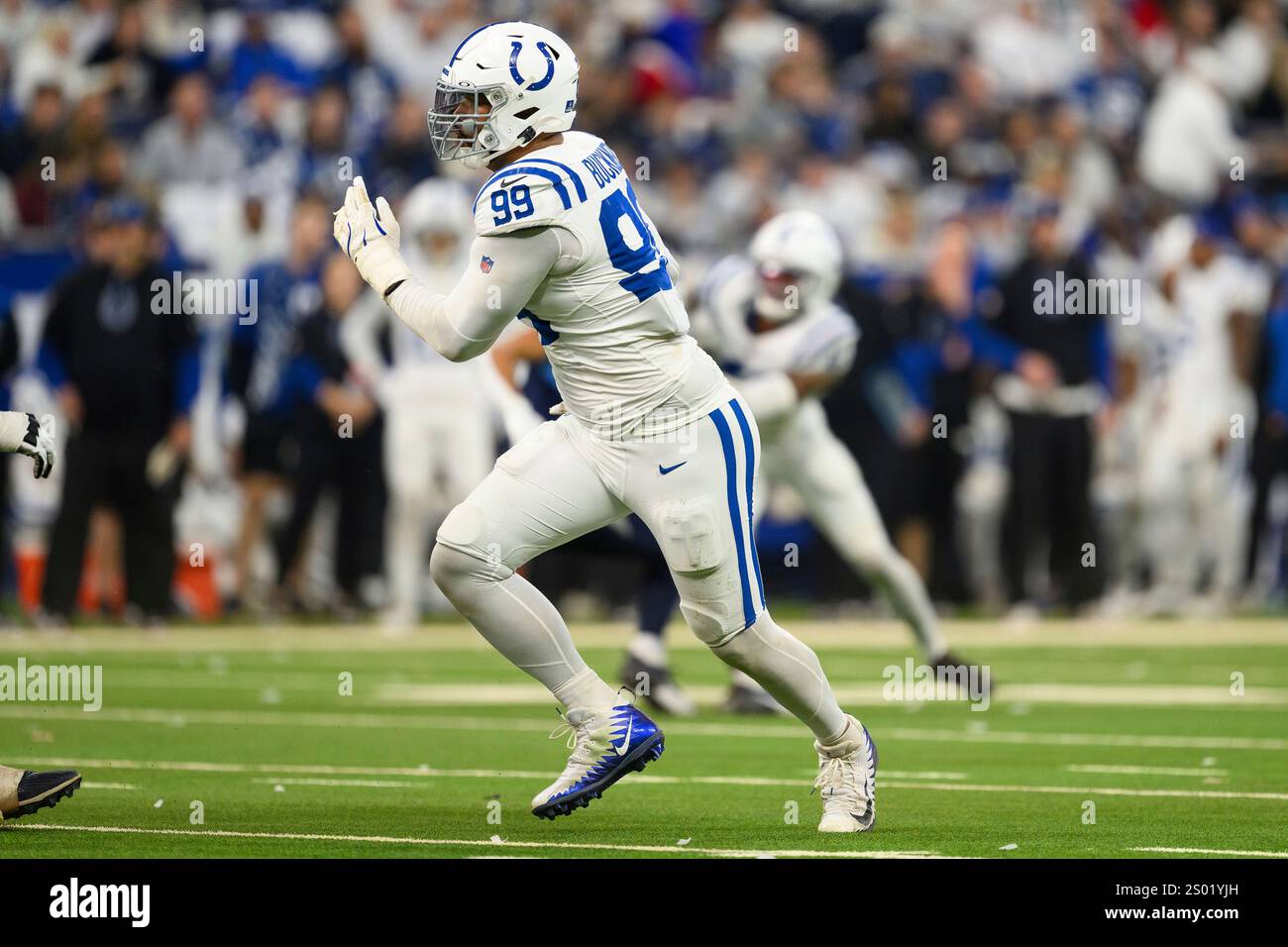 Indianapolis Colts defensive tackle DeForest Buckner (99) rushes around the edge during an NFL ...