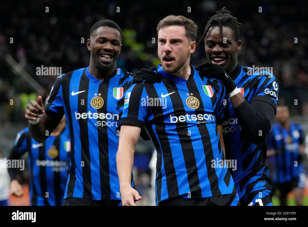 Inter Milan's Carlos Augusto, center, celebrates with his teammates ...
