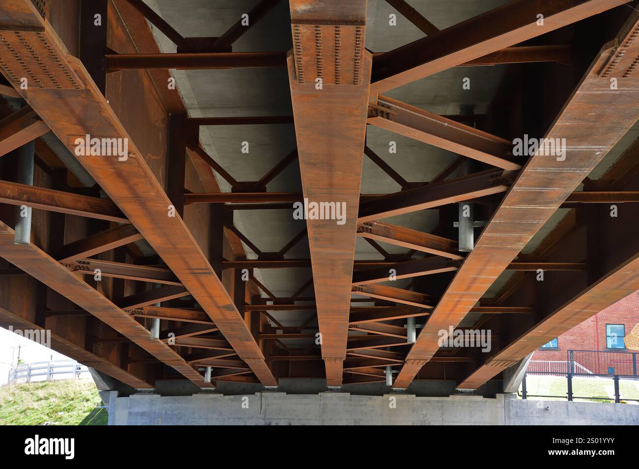 Rusted brand new steel structure. H beam under bridge. Rust on ...