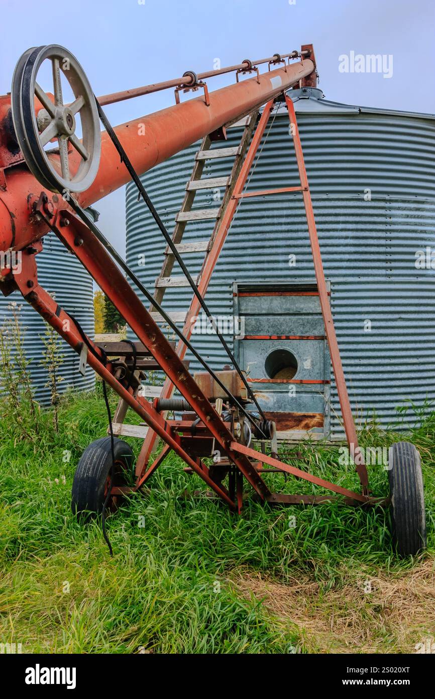 A large red and silver grain silo with a ladder on top. The silo is ...
