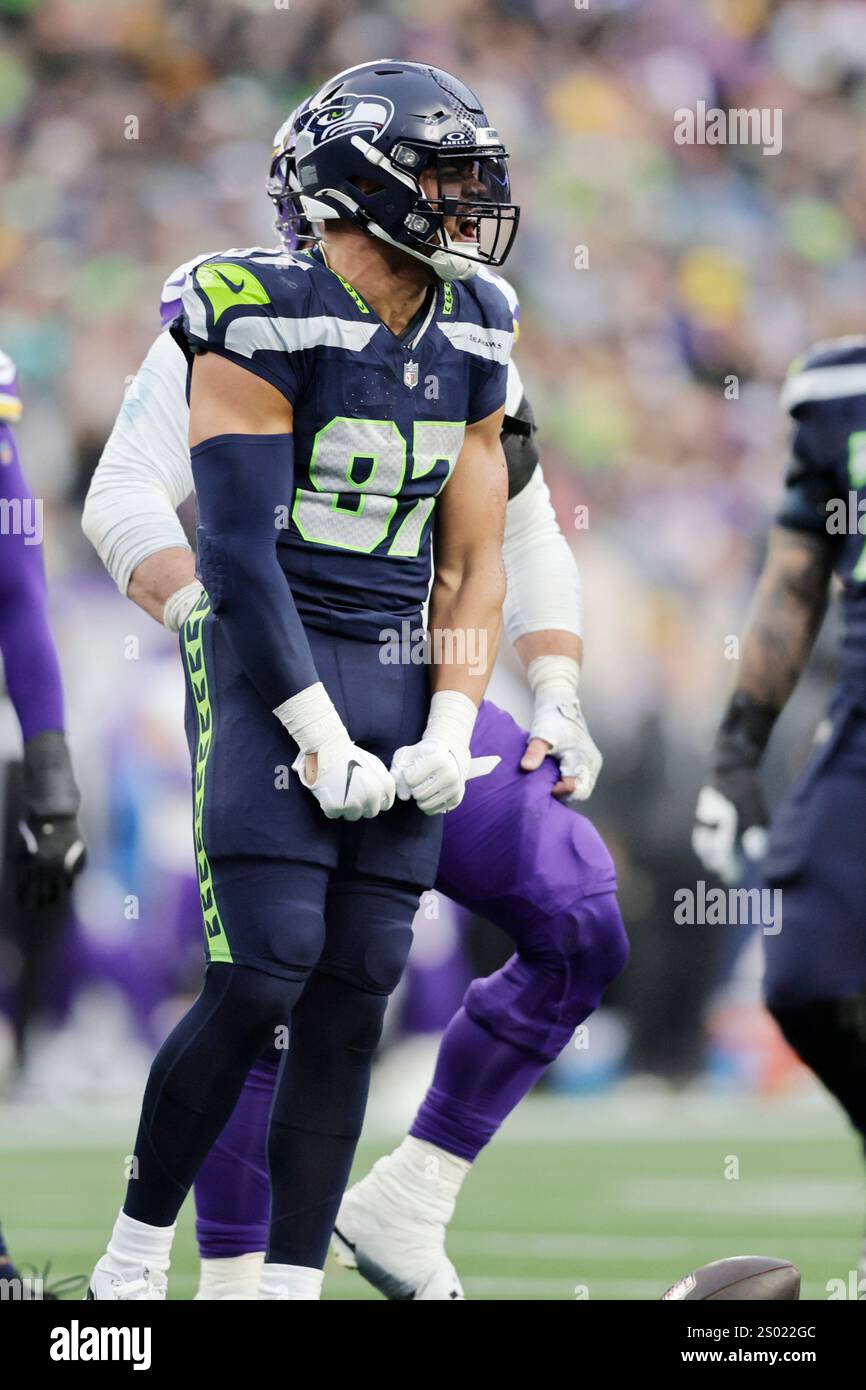 Seattle Seahawks tight end Noah Fant (87) reacts after a play against ...