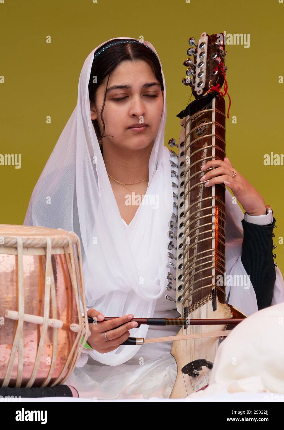 Young female musician performing on the dilruba at the Vaisakhi ...
