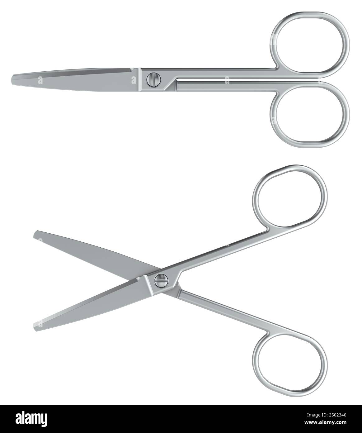 Metallic Scissors, opened and closed, top views. 3D rendering isolated ...