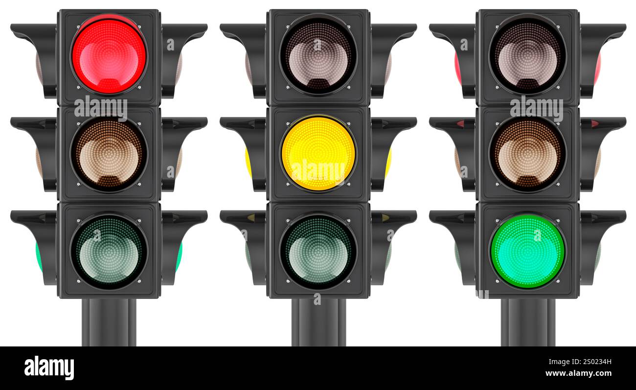 Traffic lights with red, green and yellow colors, 3D rendering isolated ...