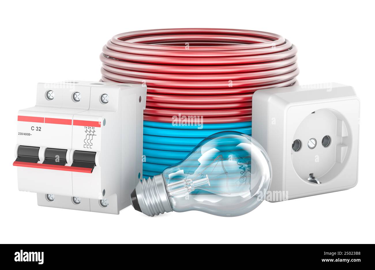 Electric cable, light bulb, circuit breaker and socket. Electric ...