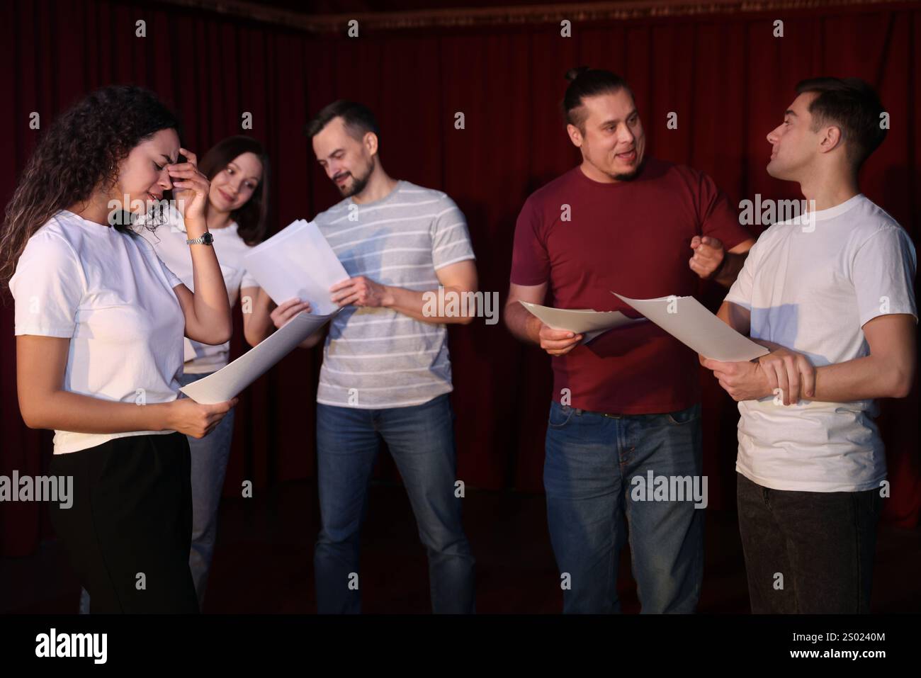 Professional actors with their scripts rehearsing in theatre Stock ...
