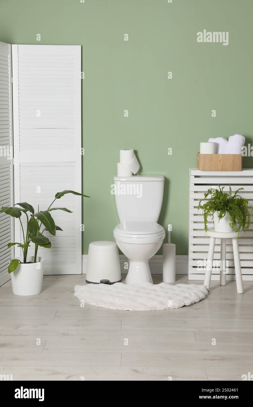 Folding screen, toilet bowl and houseplants in restroom Stock Photo - Alamy