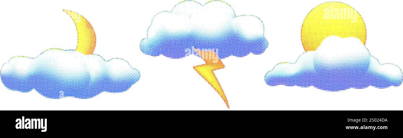 Colorful Halftone dot clouds. Cloudy Sun and moon lightning set ...
