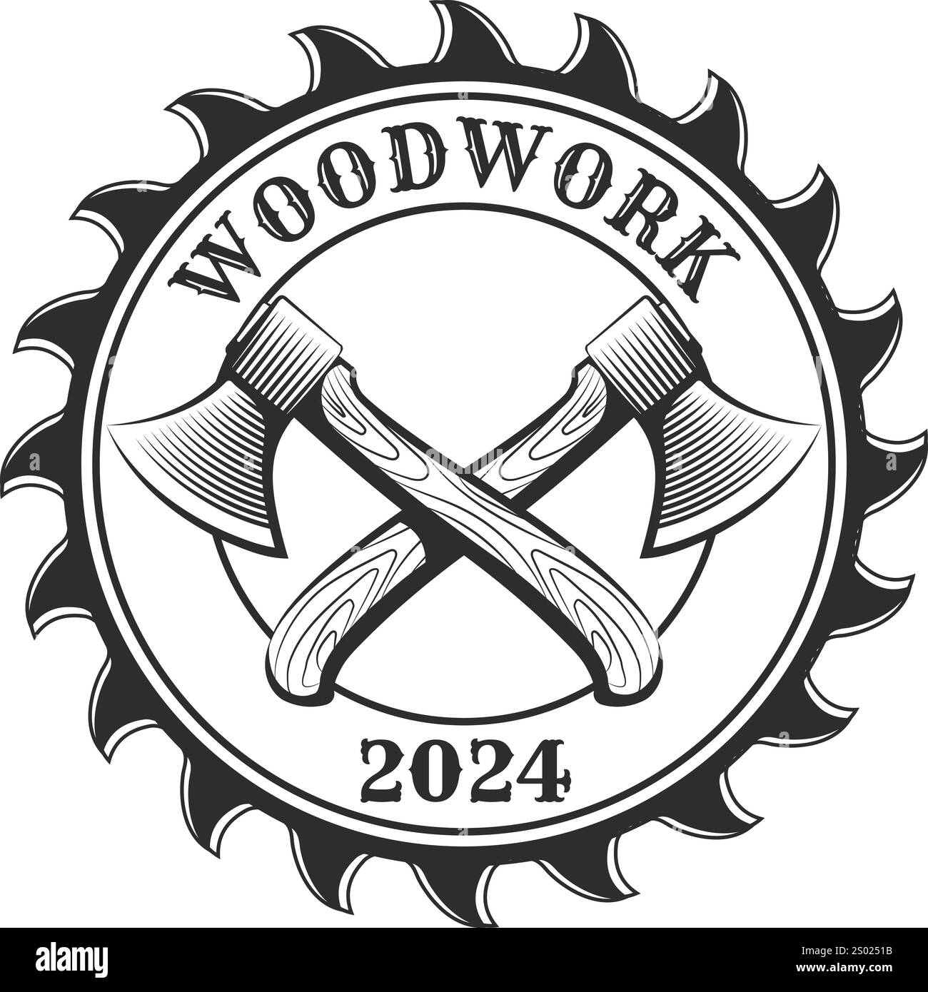 Woodwork engraving emblem. Crossed axes against wood cutter isolated ...