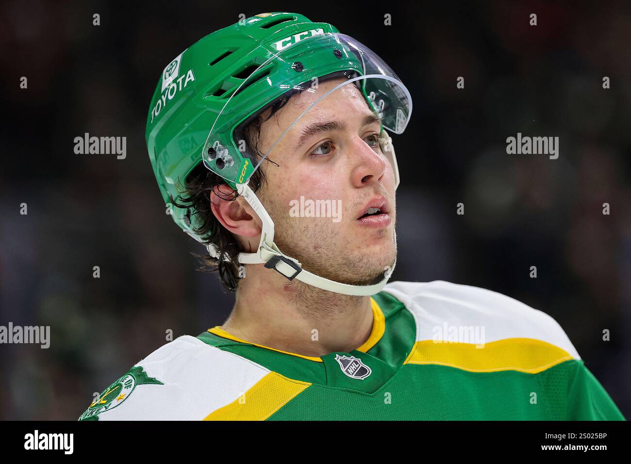 Minnesota Wild defenseman Brock Faber (7) looks on during the second ...