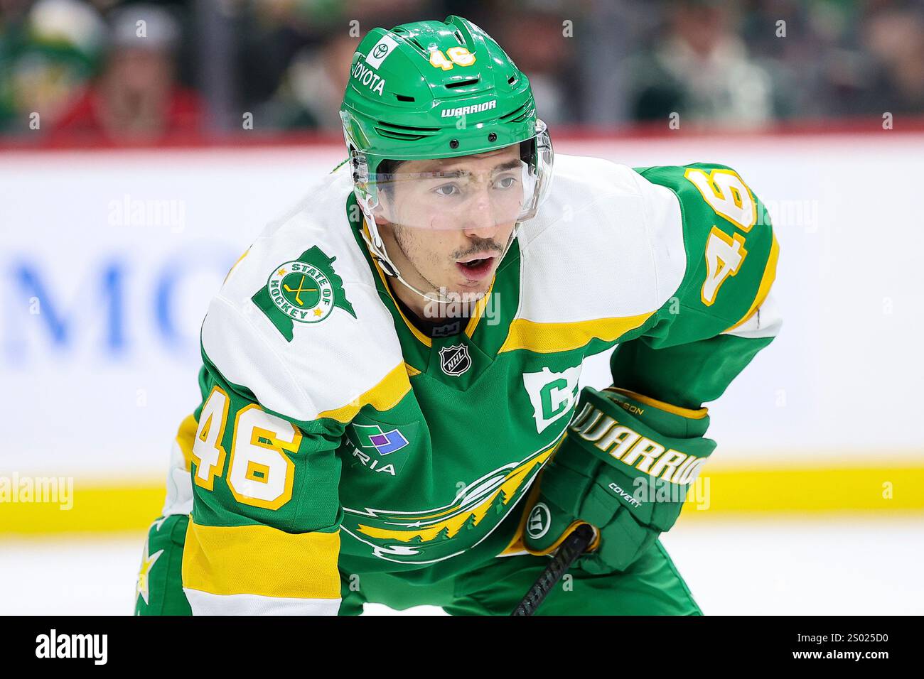 Minnesota Wild defenseman Jared Spurgeon (46) prepares for a faceoff ...