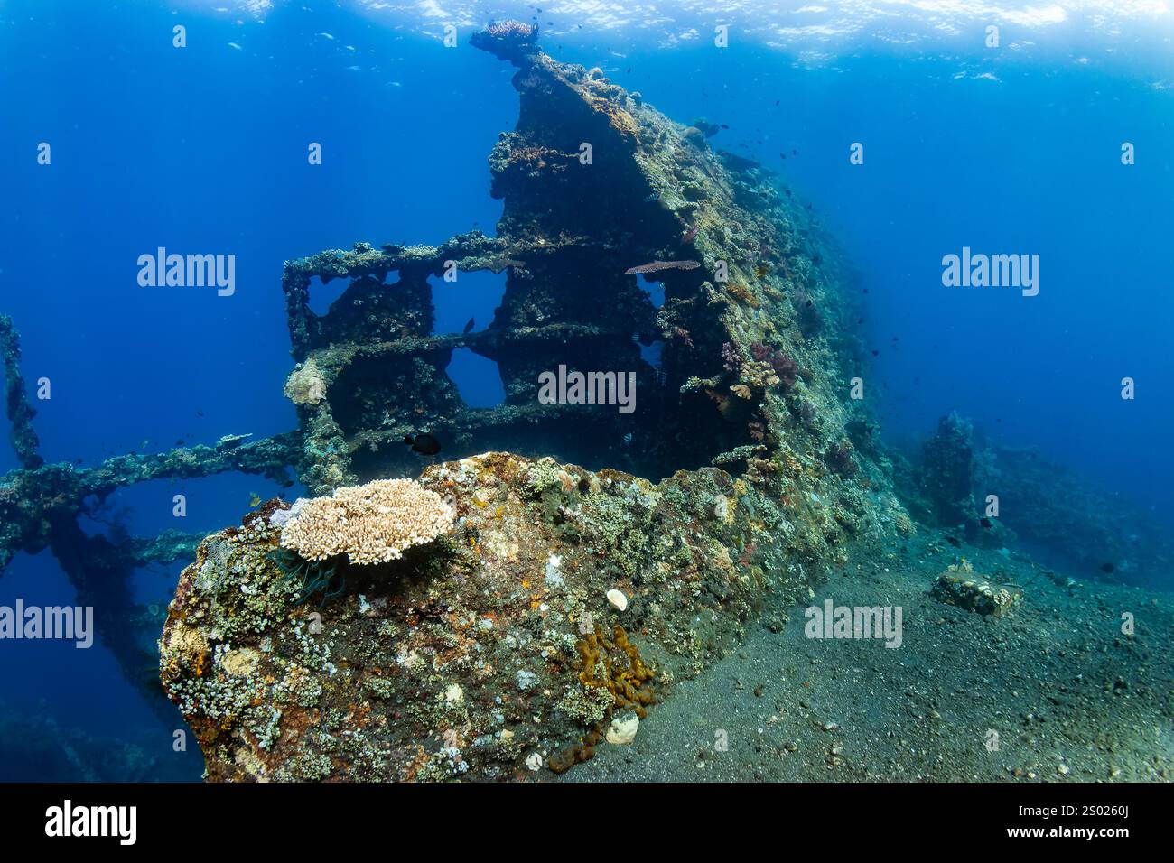 Underwater shipwreck in a clear, warm, tropical ocean in shallow water ...
