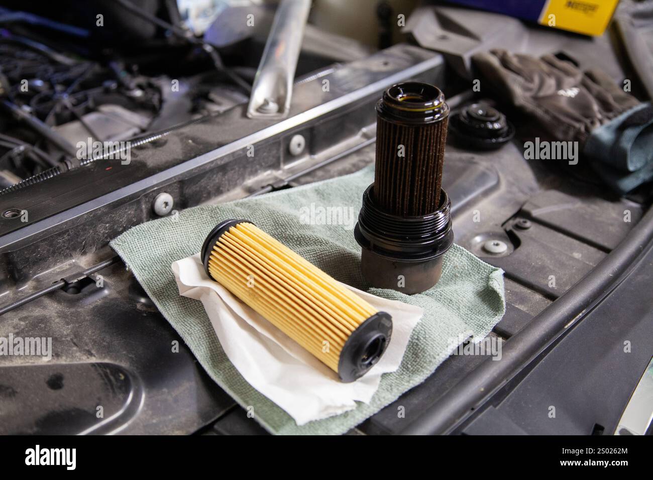 Replacing the old oil filter with a new one Stock Photo - Alamy