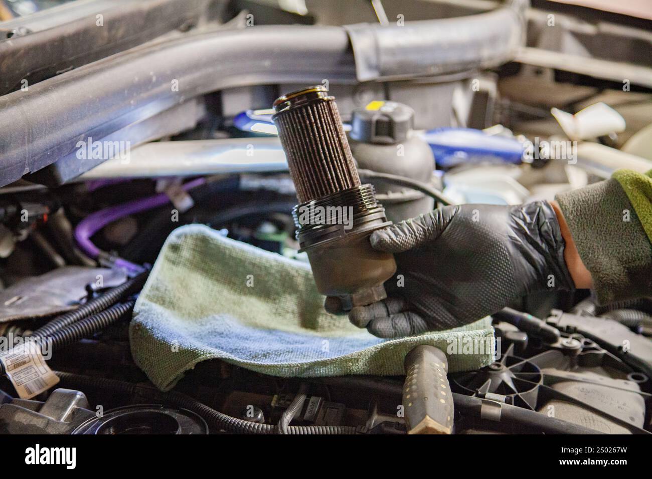 Auto mechanic work on changing oil filter in BMW Stock Photo - Alamy