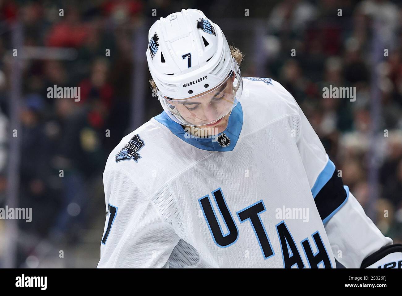 Utah Hockey Club defenseman Michael Kesselring (7) looks on during the ...