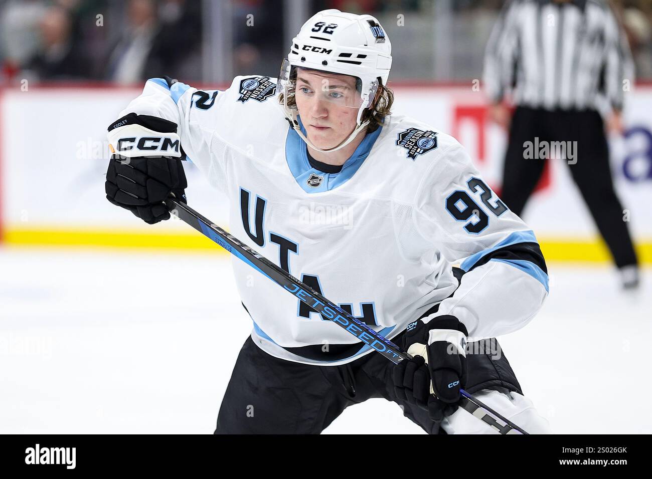 Utah Hockey Club center Logan Cooley (92) skates during the second ...