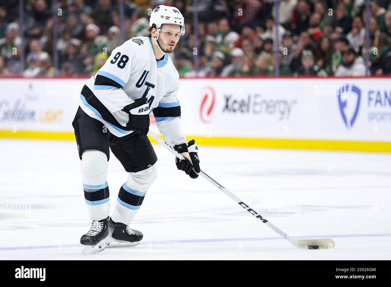 Utah Hockey Club defenseman Mikhail Sergachev (98) skates with the puck ...
