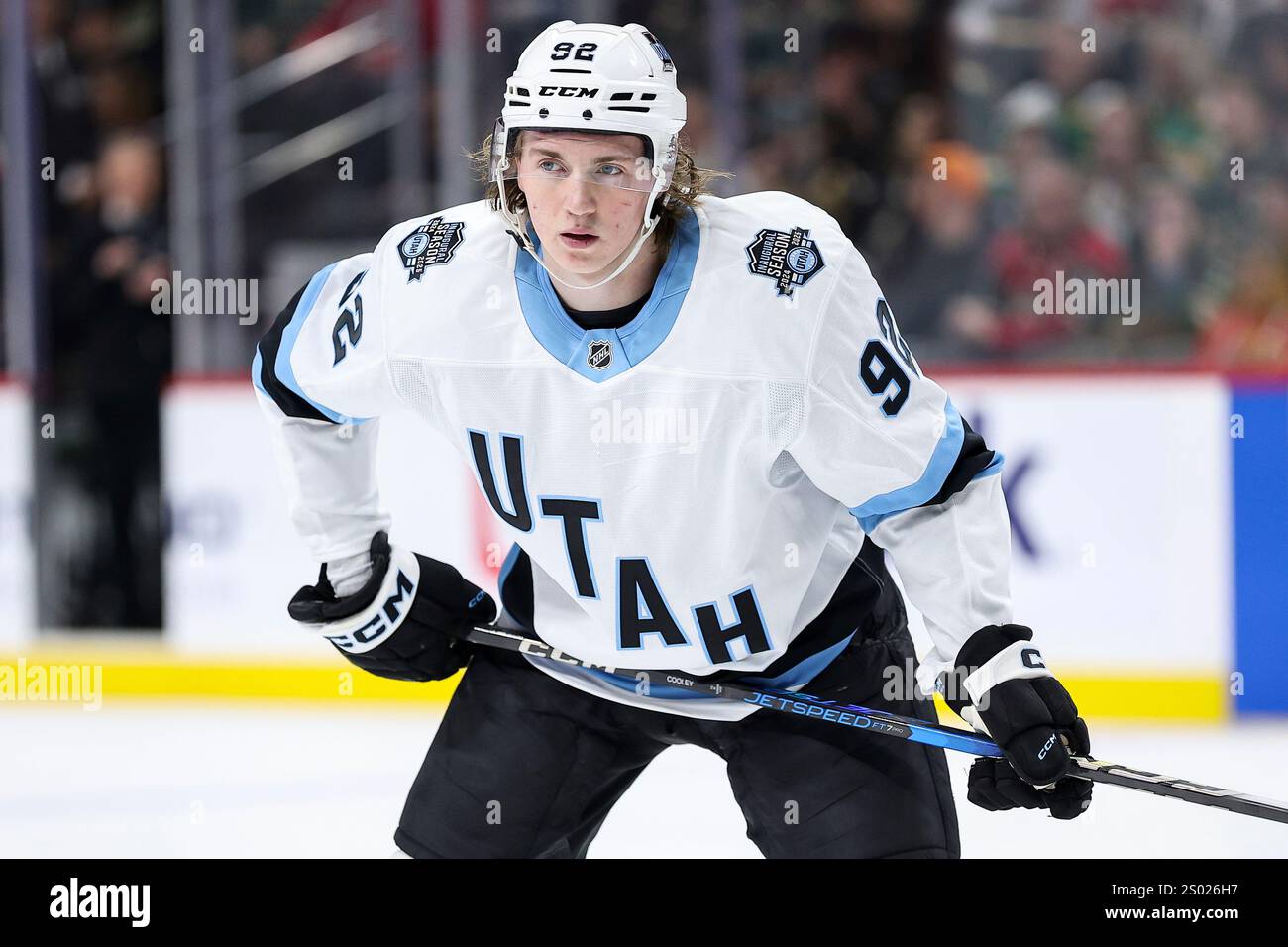 Utah Hockey Club center Logan Cooley (92) skates during the second ...