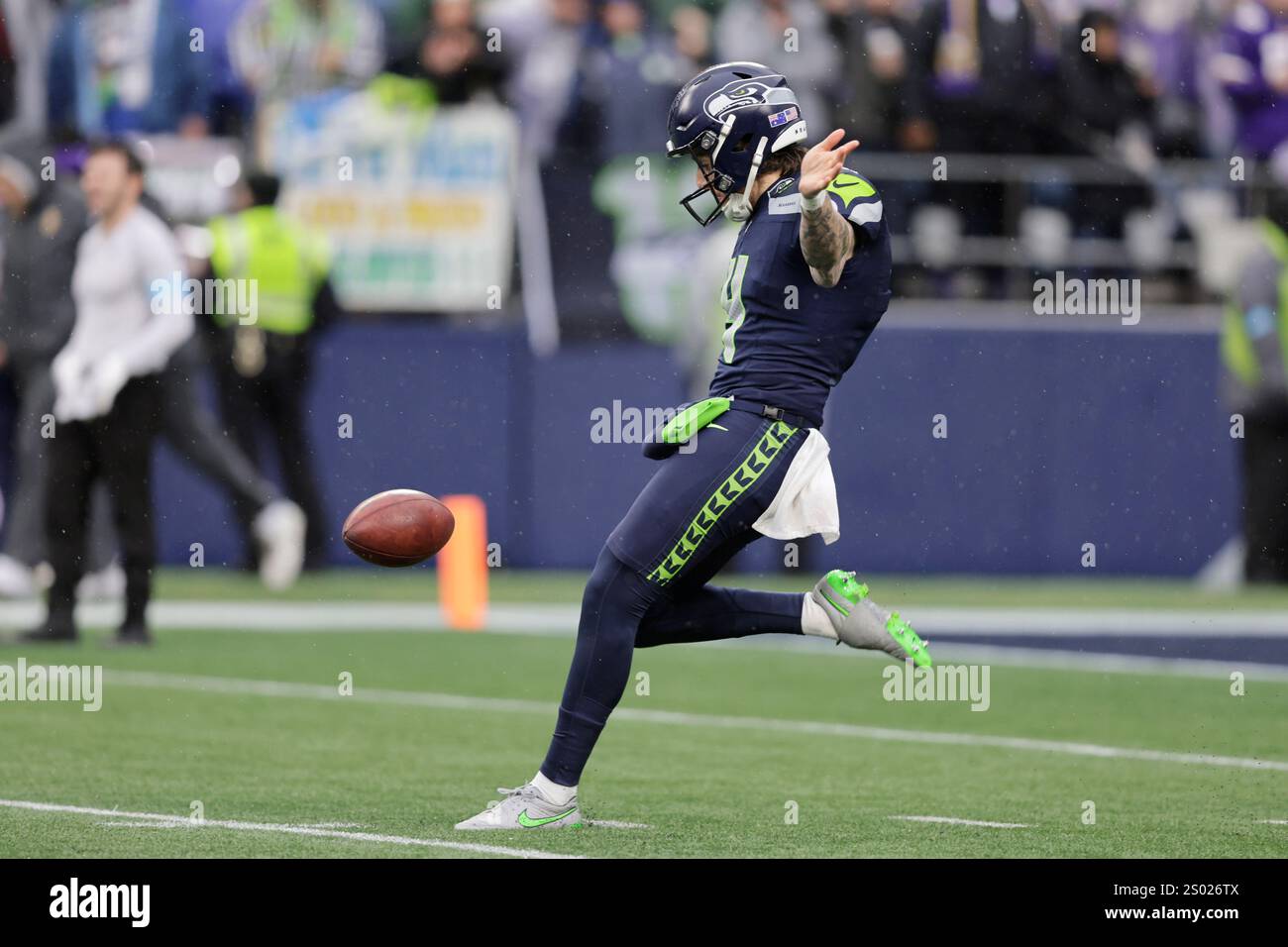 Seattle Seahawks punter Michael Dickson (4) makes practice kicks before ...