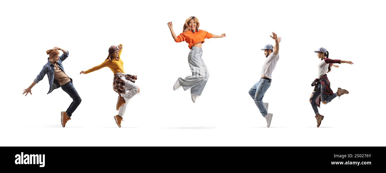 Group of young people performing modern dance isolated on white ...