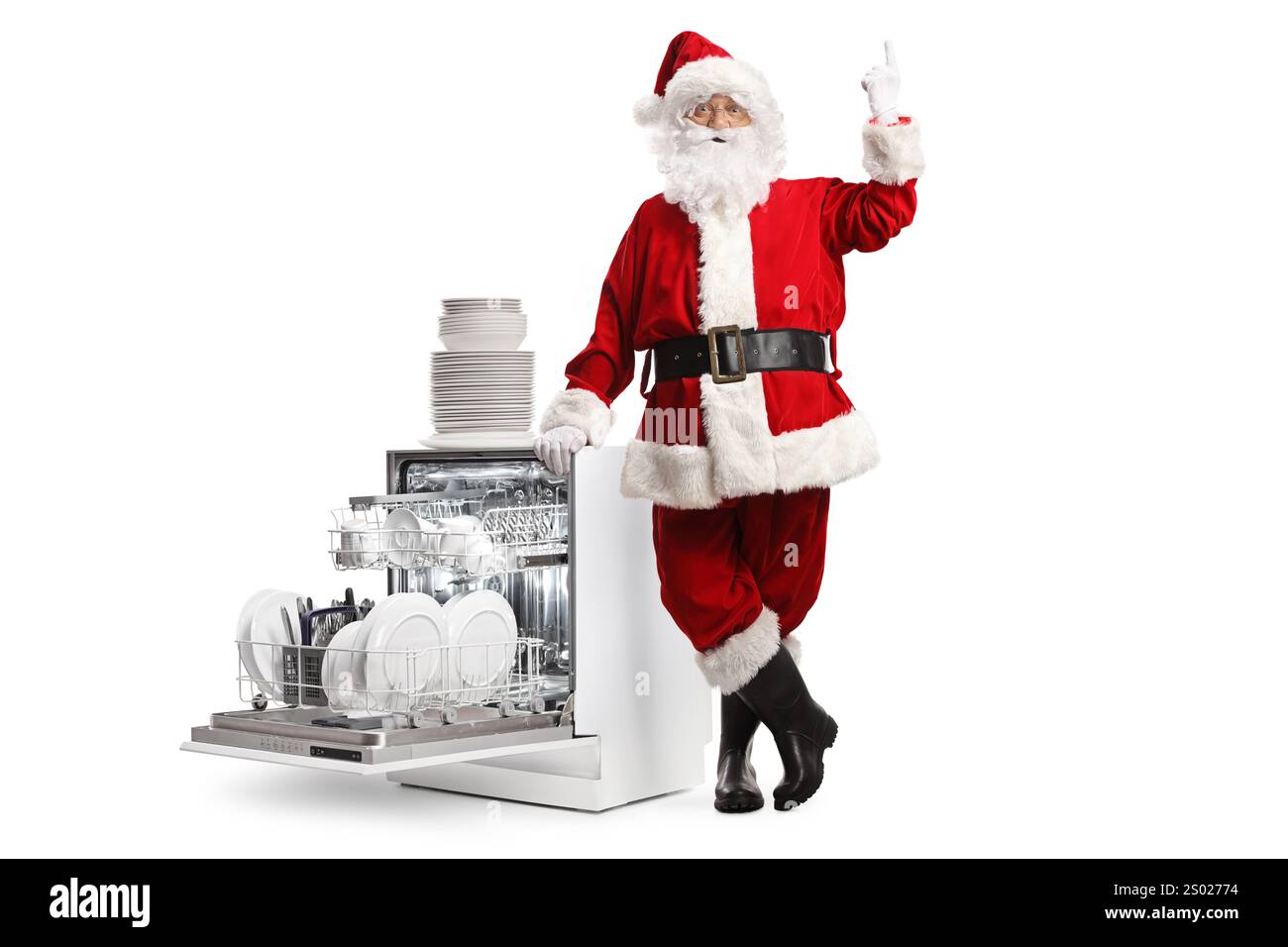 Santa Claus pointing up and leaning on a dishwasher with a pile of ...