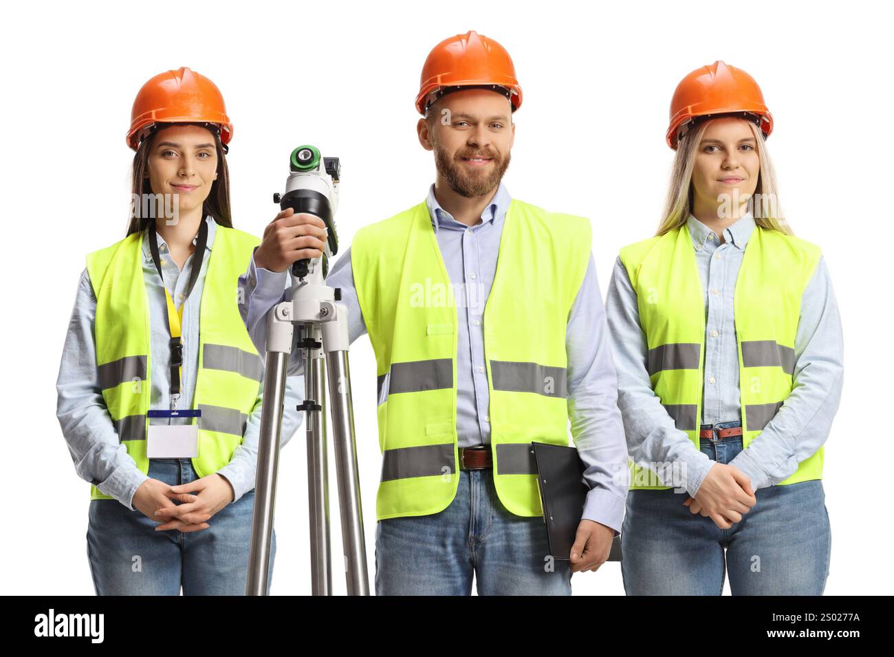 Team of geodetic surveyors posing with a measuring equipment isolated ...