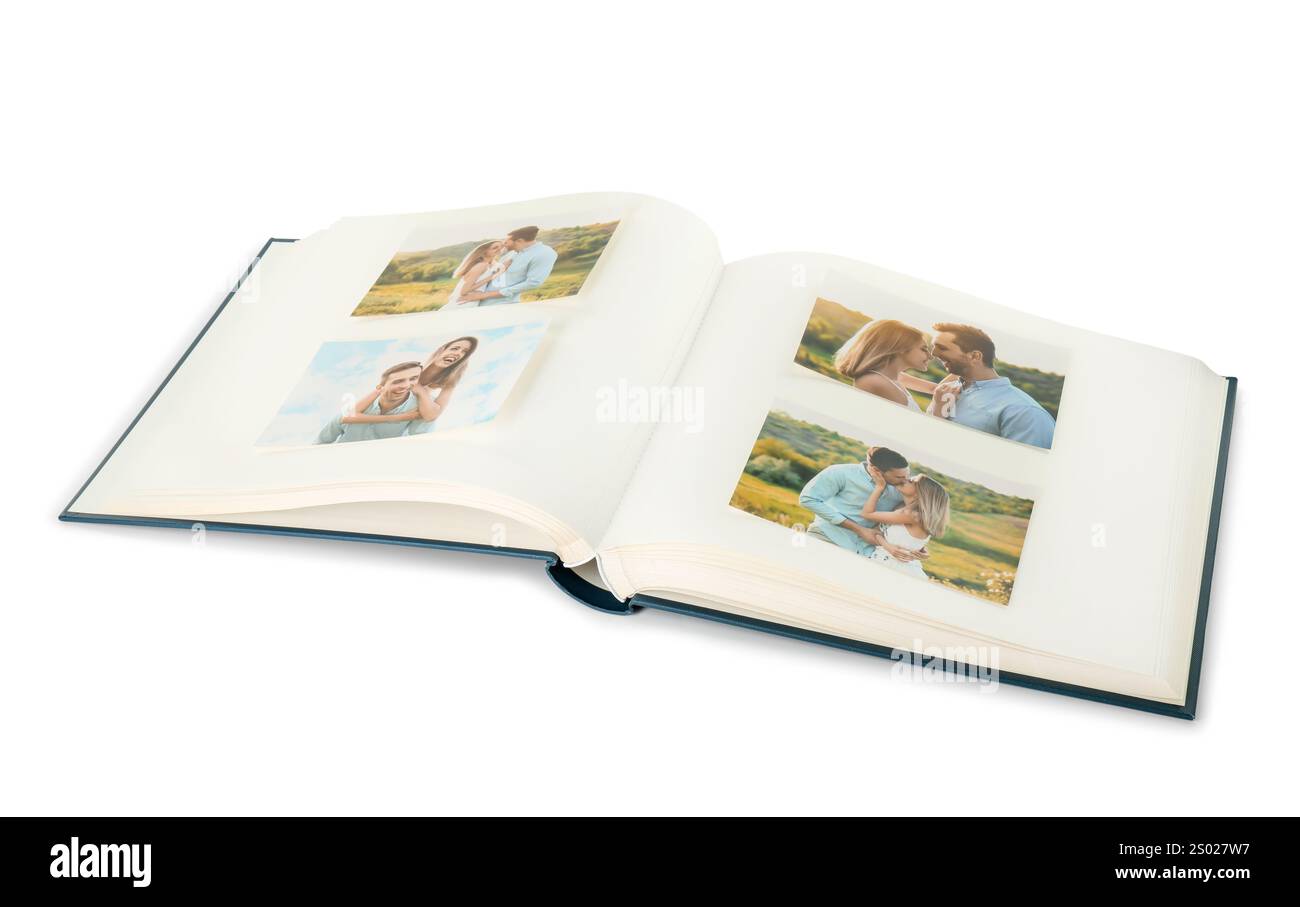 Open photo album with different photos isolated on white Stock Photo ...