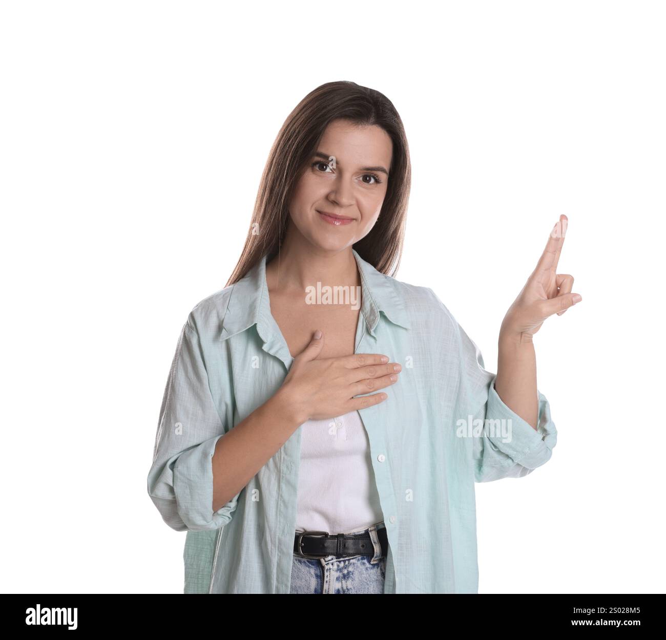 Woman showing oath gesture on white background. Making promise Stock ...