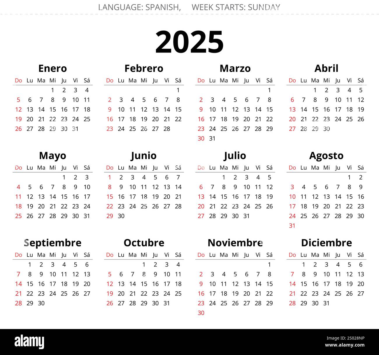 2025 spanish calendars. Vector illustration for Spain. Week starts ...
