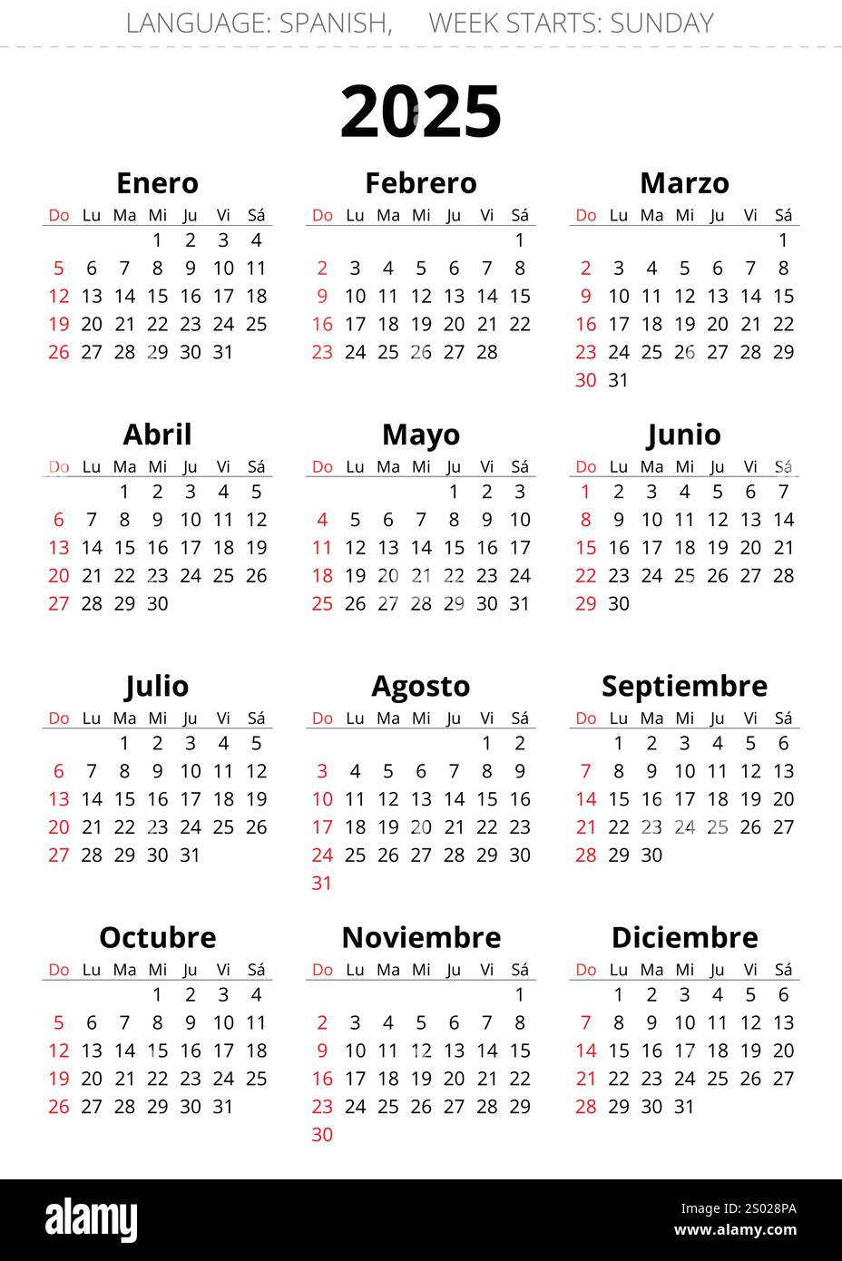 2025 spanish calendars. Vector illustration for Spain. Week starts ...
