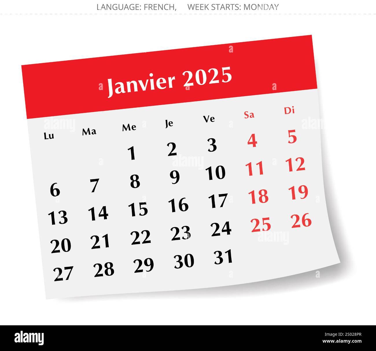 French calendar for January 2025. Vector illustration of a winter month ...