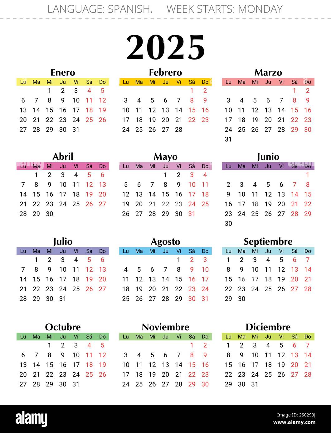 Spanish 2025 year calendar. Color vector illustration for Spain Stock ...